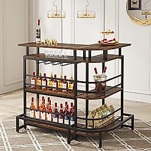 Tribesigns Home Bar Unit, L-Shaped Liquor Bar Table with 4 Glasses Holders and 4 Tier Shelves, Wine Bar Cabinet Mini Bar for Home Kitchen Pub, Freestanding Coffee Bar Table with Footrest, Rustic Brown