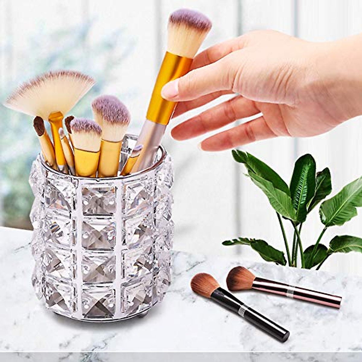Tasybox Crystal Makeup Brush Holder Organizer, Handcrafted Cosmetics Brushes Cup Storage Solution (Silver)