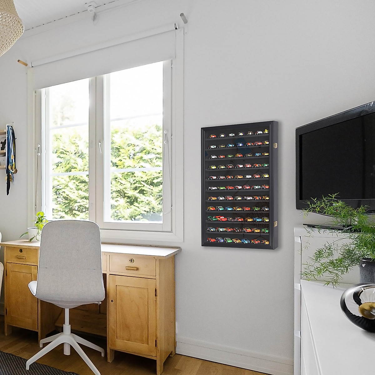 Hot Model Toys Cars Diecast Display Case Cabinet Wall Rack Compatible with Wheels and Matchbox Cars 1/64-1/43 Scale, 26.5" H X 16" W X 3.25" D Black Color Frame