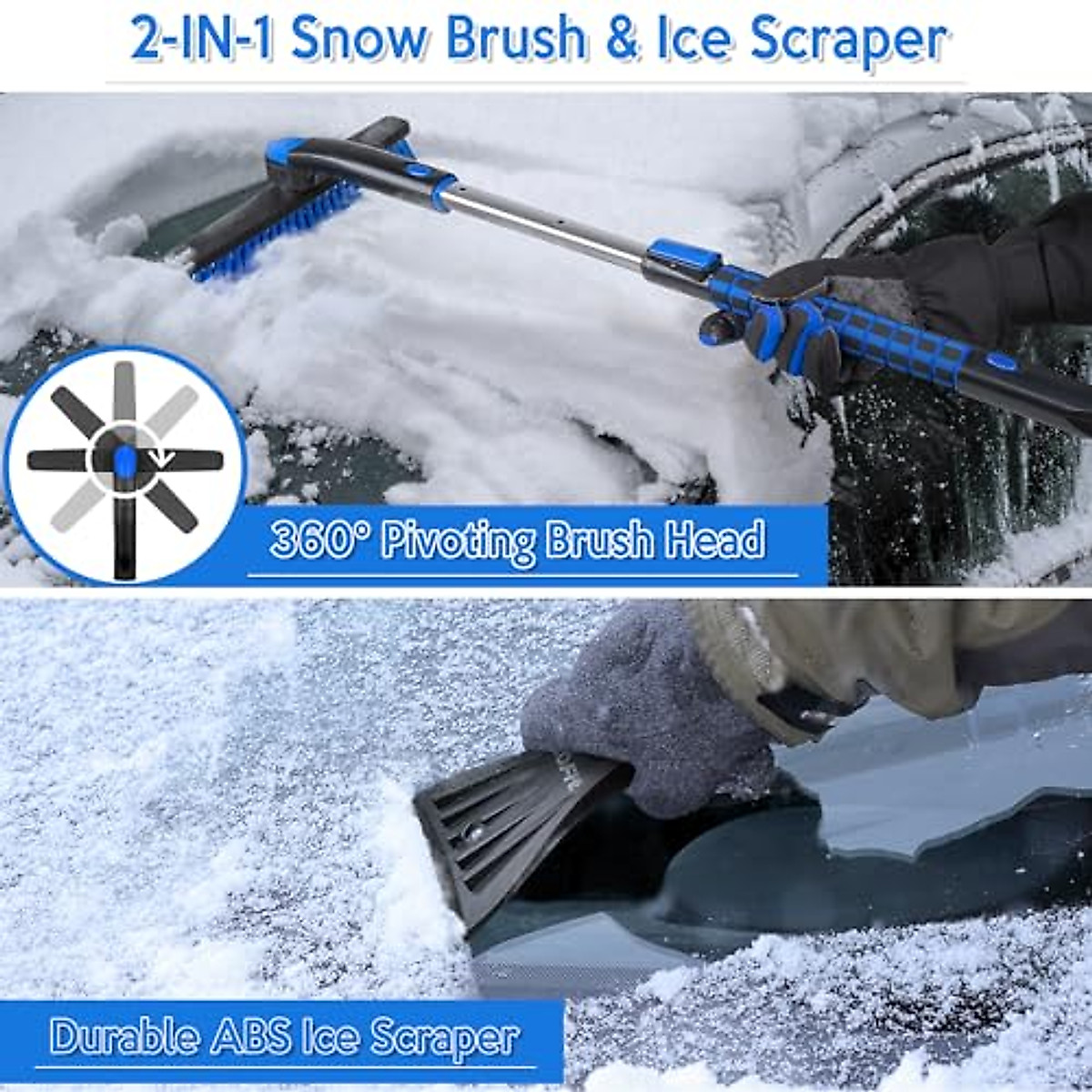 COFIT 36" Car Snow Brush Long Handle, 2 in 1 Extendable Ice Scraper for Windshield, Detachable Snow Removal Tool, Comfortable Clean Brush Scratch Free for RV, Truck, SUV, Windows, Roof, Exterior, Blue