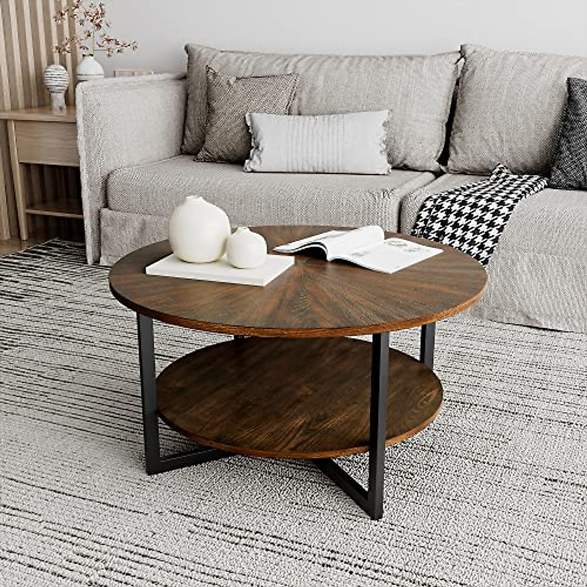 LEEMTORIG 33.5" Round Coffee Table with Storage, Farmhouse Coffee Table for Living Room, Solid Wood Circle Center Table, Rustic Brown Wood Tabletop & Metal Frame, KFZ-1338-NC