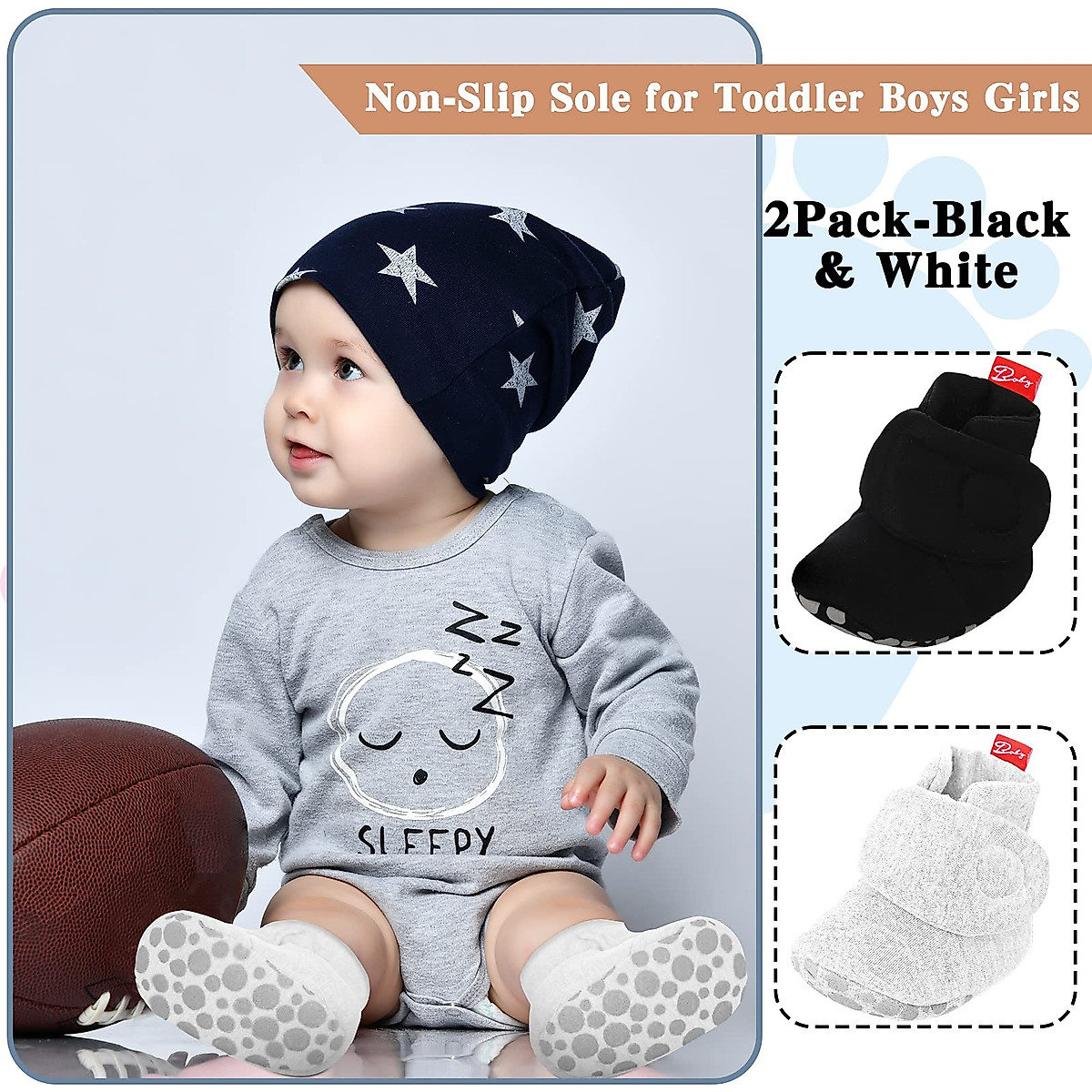 Bencailor 2Pair Baby Booties Unisex Newborn Baby Cotton Booties Warm Sock Shoes Nonslip Stay on Baby Shoes with Gripper Soles (Black, White,6-12 Months)