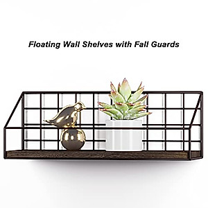 YGEOMER 4 Set Floating Shelves, Wall Hanging Shelves with Wire Baskets for Bathroom, Kitchen, Living Room, Bedroom (Carbon Black)