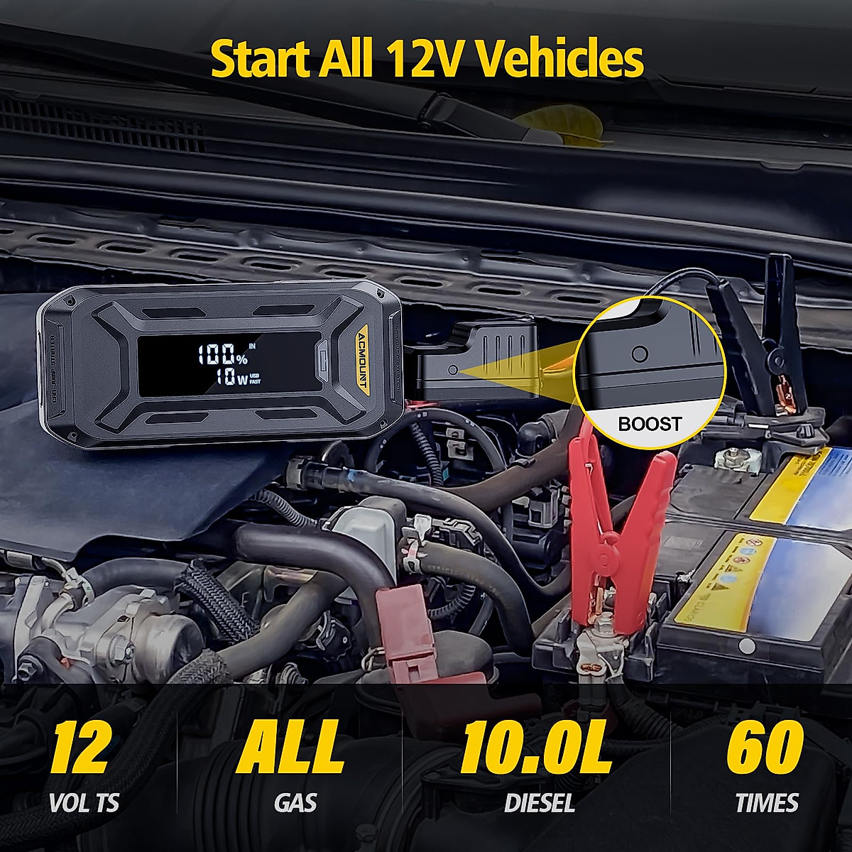 Acmount Car Jump Starter, 5000A Peak Jump Starter Battery Pack(All Gas & 10.0L Diesel Engine), 12V Portable Battery Charger Jump Starter with 3” LCD Display, USB Quick Charge and LED Light