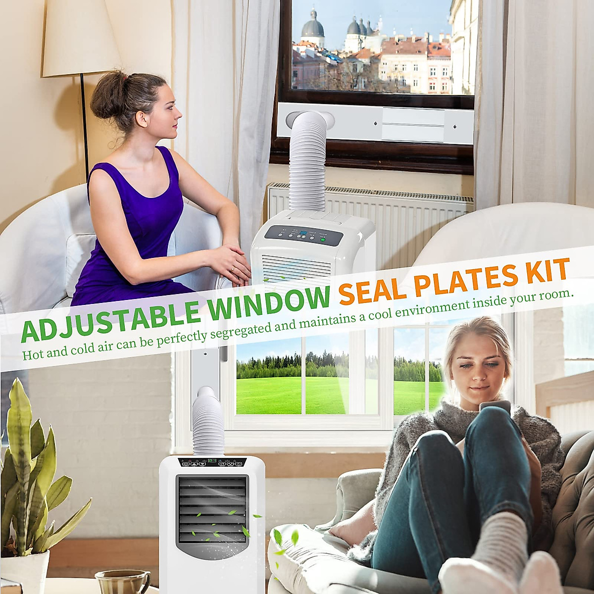Portable Air Conditioner Window Seal Kit with Coupler for 5-5.1" Exhaust Hose, AC Window Kit with Vent Screen for Sliding Window, Adjustable 17"- 62" Sealing Panels, NOT Applicable for 5.9" Hose