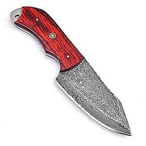 Handmade Damascus Steel Hunting Skinning Knife with Leather Sheath | 8'' Hand Forged Full Tang Fixed Blade Damascus Knives For Men and Women | EDC Razor Sharp Blade Bushcraft Camping Survival Knifes with Belt loop for Vertical and Horizontal Carry Red woo