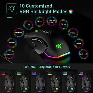 Havit Gaming Mouse Computer Ergonomic Wired Mice with 14 Programmable Buttons Interchangeable Side Plates (8 Buttons/ 8+6 Side Buttons), 2 Replaceable Right Plates for Laptop PC Gamer