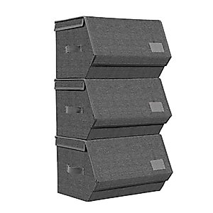 DOVAMY Stackable Storage Bins, Set of 3 Storage Drawers for Clothes, Cube Organizer with Lid, Fabric Toy Storage Box, 15”L x 13.8”W x 9.8”H, Dark Gray BTM0301