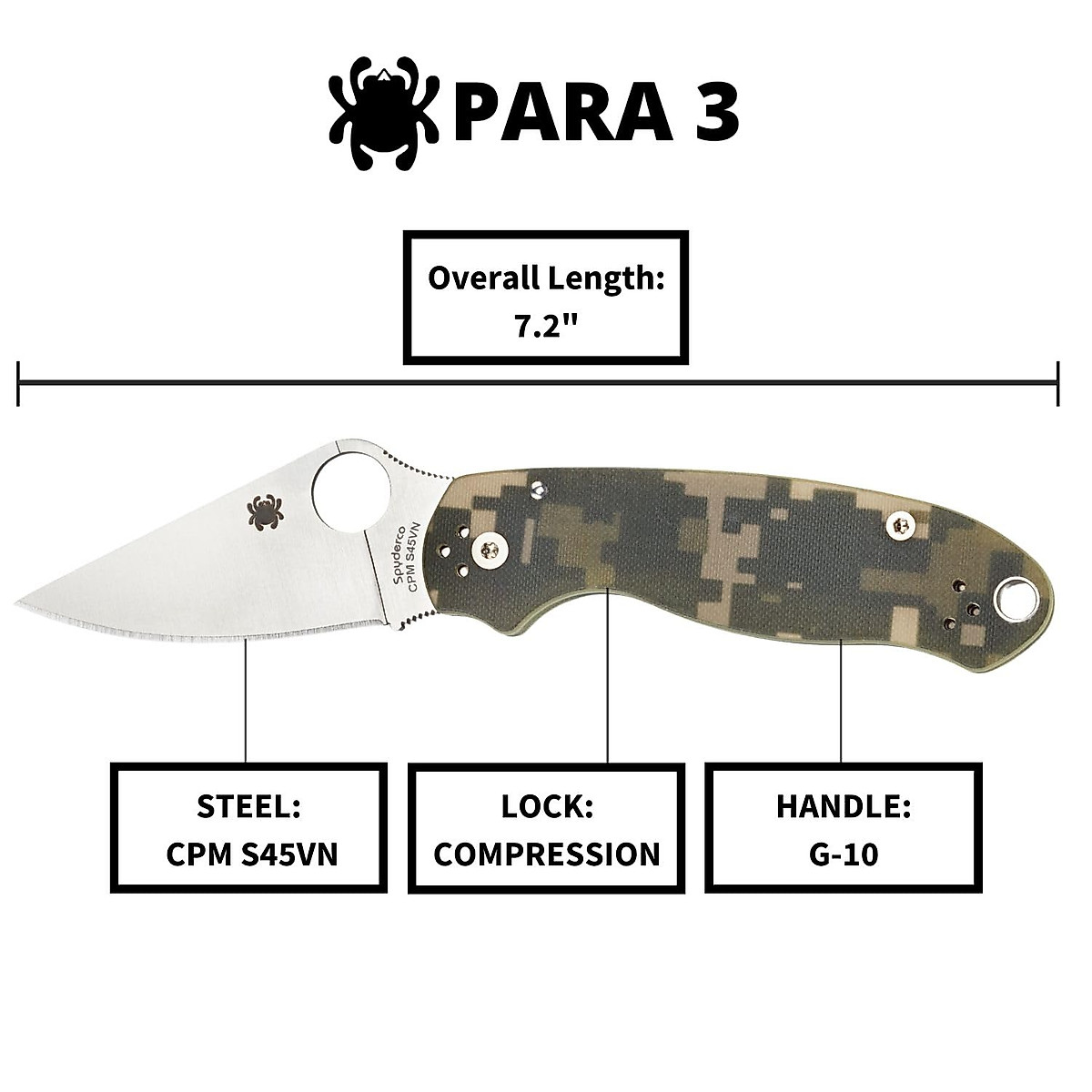 Spyderco Para 3 Camo 7.24" Signature Knife with 2.95" Stainless Steel Blade and Durable G-10 Handle - PlainEdge Serration - C223GPCMO
