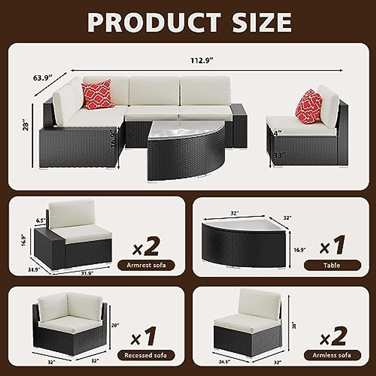 6 Pieces Patio Furniture Set All Weather Outdoor Couch, Modular Outdoor Sectional Sofa, Rattan Wick Patio Conversation Sofa Set with Washable Cushions & Glass Table for Deck, Porch, Backyard, Black