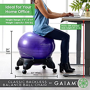 Gaiam Classic Backless Balance Ball Chair – Exercise Stability Yoga Ball Premium Ergonomic Chair for Home and Office Desk with Air Pump, Exercise Guide and Satisfaction Guarantee, Green