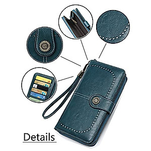 JJUQ Womens Wallet Leather Large Capacity Card Holder Zipper Wristlet Wallets for Women-peacock blue