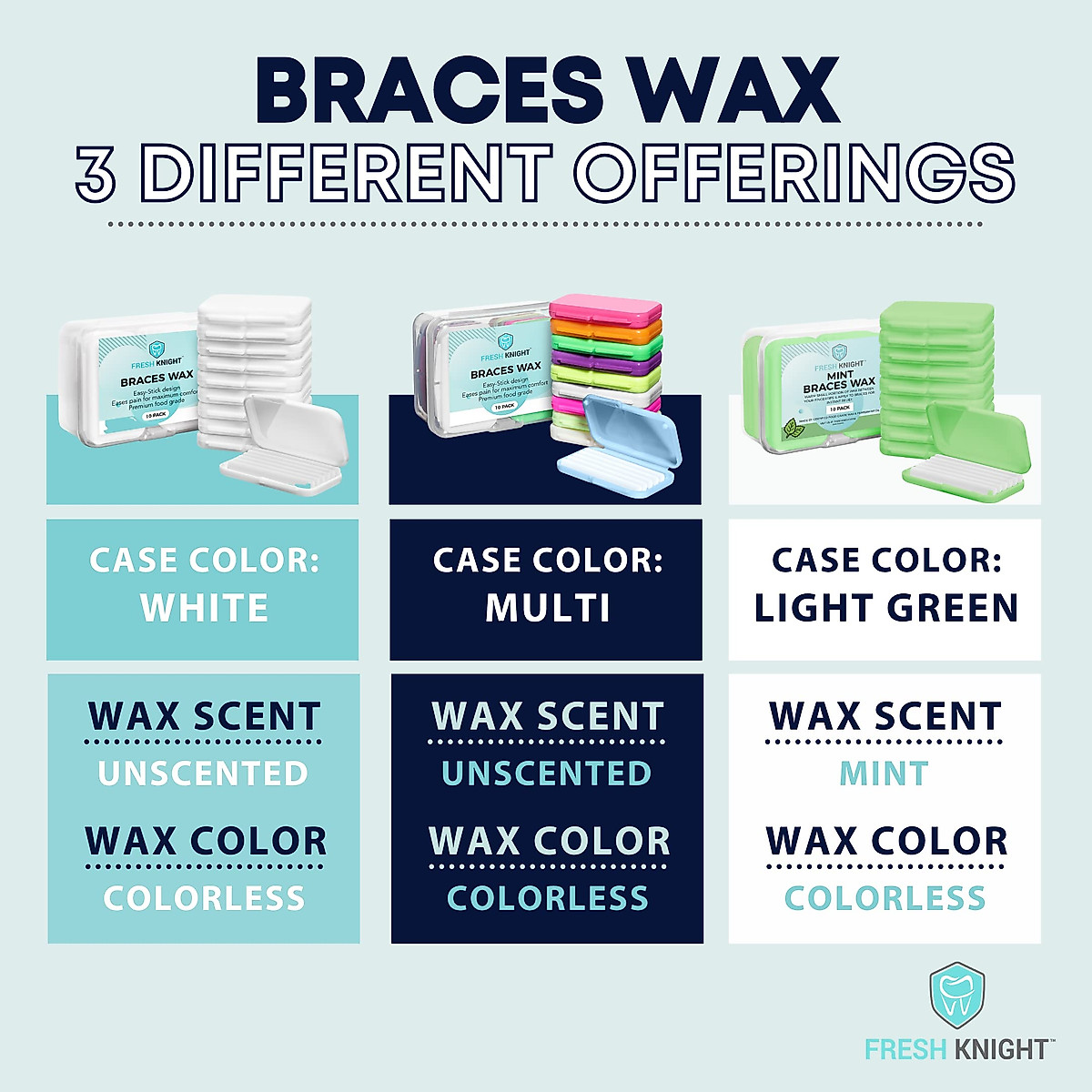 Braces Wax,10 Pack. Dental Wax for Braces & Aligners, Unscented & Flavorless - 50 Premium Orthodontic Wax-Strips. White Cases. Includes storage case. Food Grade ortho bracewax. Fresh Knight. (White)