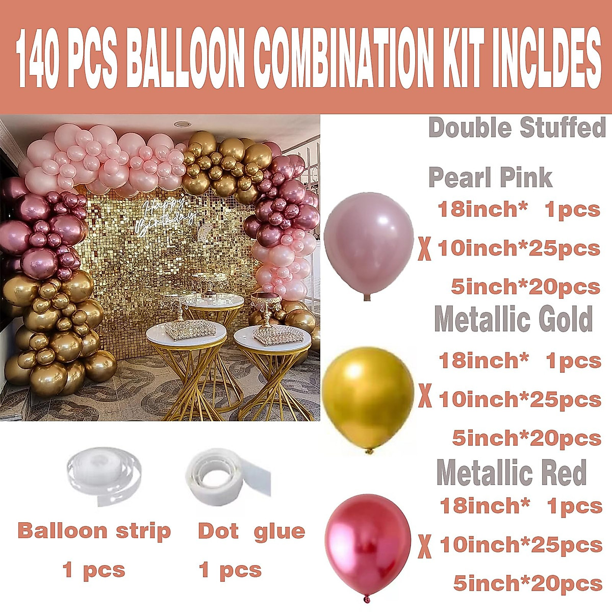 Orgnafey Chrome Hot Pink Magenta and Metallic Gold Balloon Garland Arch Kit Double Stuffed Pearl pink 140pcs Balloons for Birthday Bachelorette Baby Shower Bridal Wedding Anniversary Party Decorations