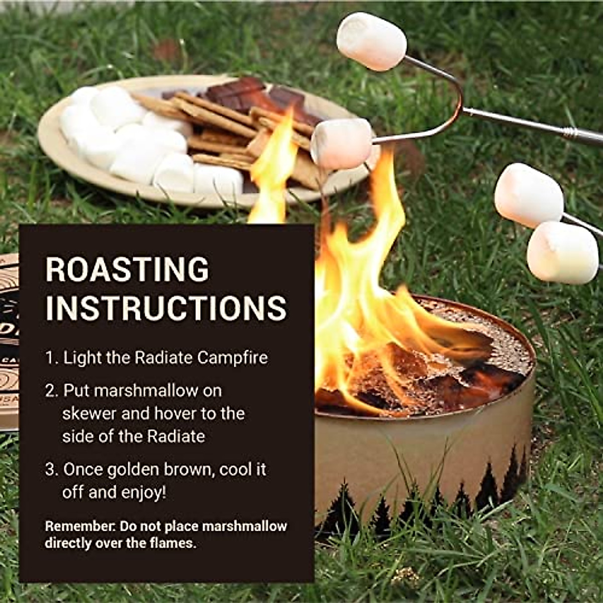 Radiate Portable Campfire & Marshmallow Roasting Sticks Bundle | The Original Go-Anywhere Campfire | 3-5 Hours of Bright and Warm Burn Time | Lightweight and Portable | Stainless Steel Hotdog Skewers