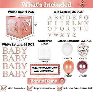 82PCS Rose Gold Baby Shower Decorations For Girl Kit - Jumbo Transparent Baby Block Balloon Box Includes BABY, Alphabet Letters DYI, White Gold Balloons, Gender Reveal 1st Birthday Party Backdrop