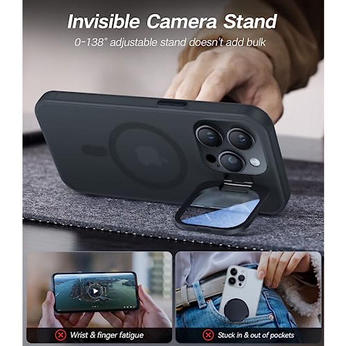 VOFATA for iPhone 14 Pro Max Case with Metal Camera Stand [Built-in 9H Camera Lens Protector][Compatible with Magsafe] Mil-Grade Shockproof Translucent Magnetic for iPhone 14 ProMax Case, Black