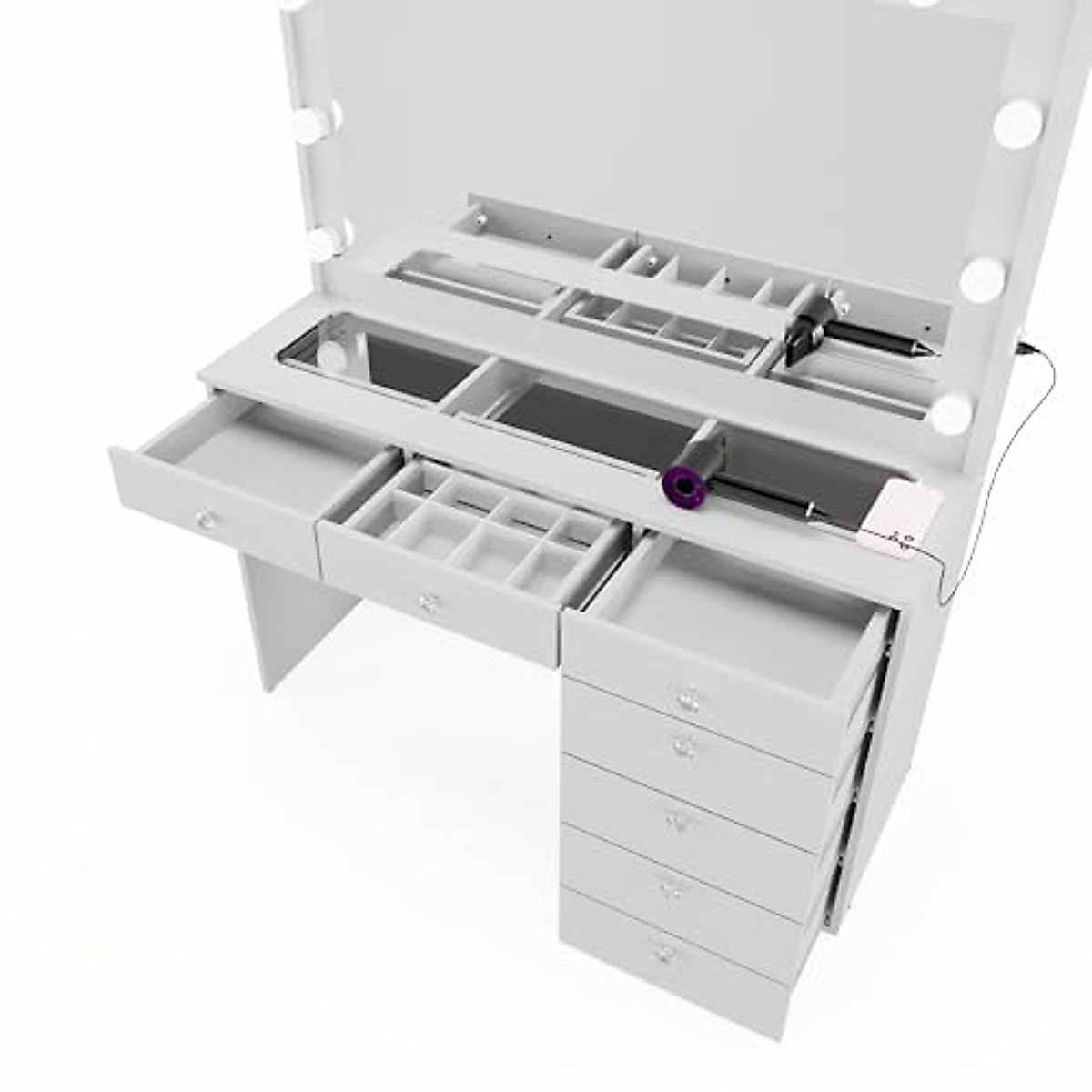 Boahaus Serena Modern Makeup Vanity with Hollywood Light Bulbs Add-On, 7 Drawers, Wide Mirror, Glam Glass Top for Bedroom