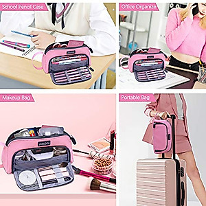 Aiscool Big Capacity Pencil Case Bag Pen Pouch Holder Large Storage Stationery Organizer for School Supplies Office College Teen (Pink)