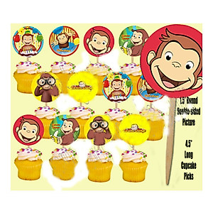 Curious George Monkey Double-Sided Cupcake Picks Cake Toppers -12 pcs