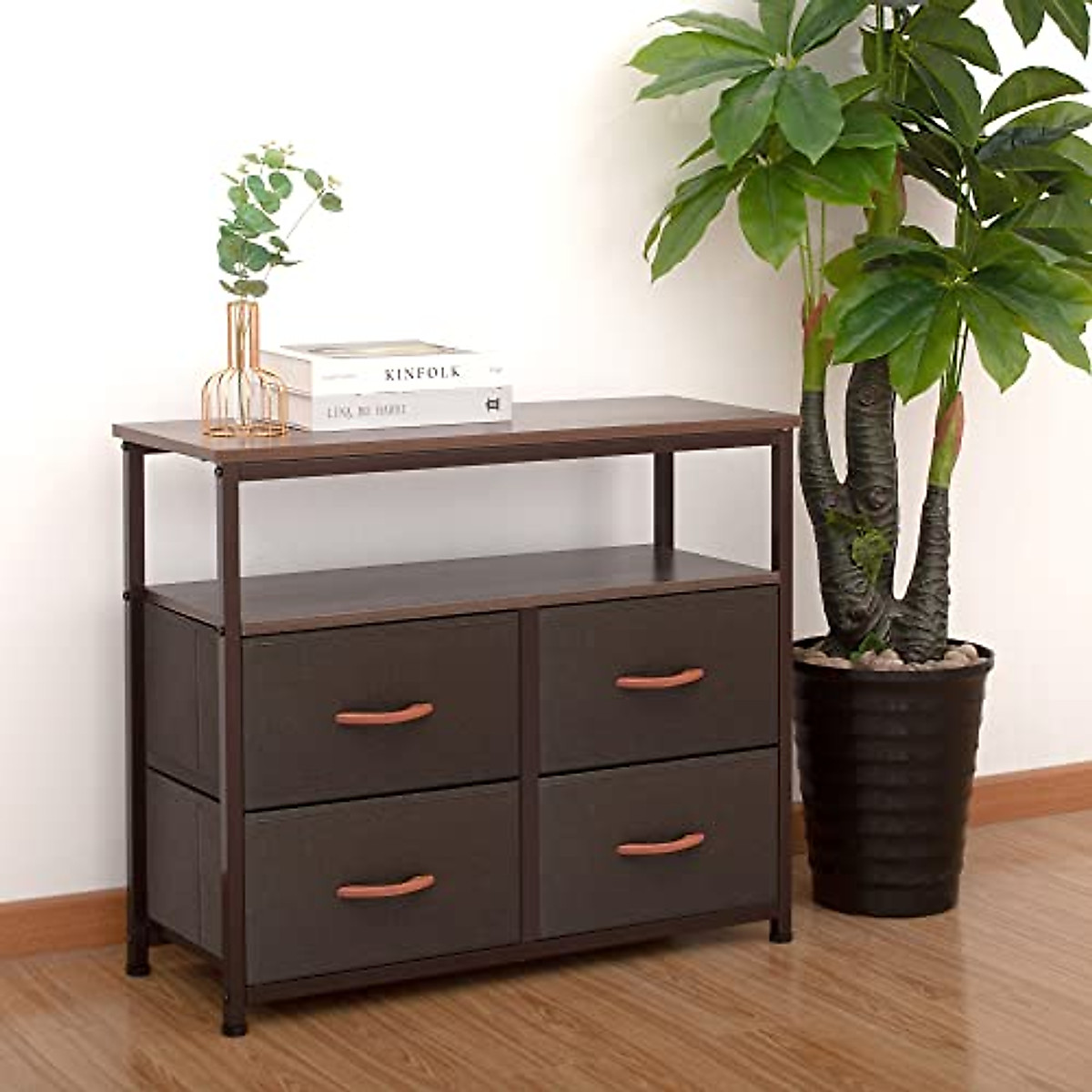 AZL1 Life Concept Storage Dresser with Shelves-Storage Chest for Bedroom, Living Room, Hallway, Closet Organizer with Sturdy Steel Frame, Wooden Shelf, Removable Fabric Drawers, Coffee