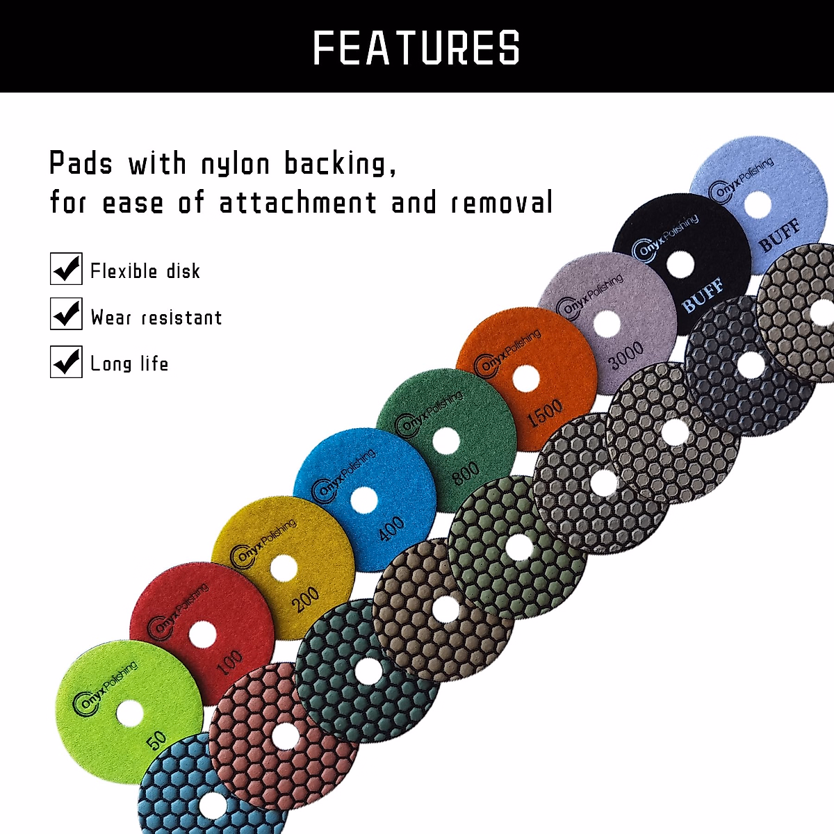 Onyx 9 PCS Dry Diamond Polishing Pads 4 Inch, Grit 50-3000, White Buff, Black Buff, Granite, Marble, Engineered Stone, Concrete, Countertop Polish Pads