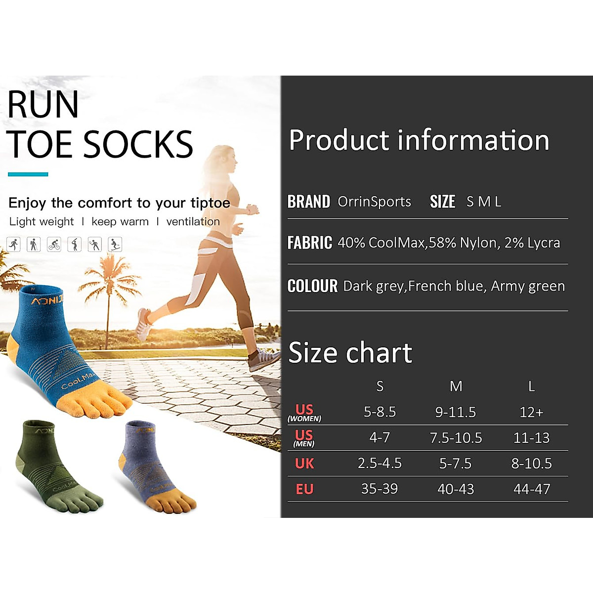 OrrinSports 3 Pairs Women & Men's Athletic Toe Socks Five Finger Socks for Running Hiking Walking Quarter Crew (Size Medium)