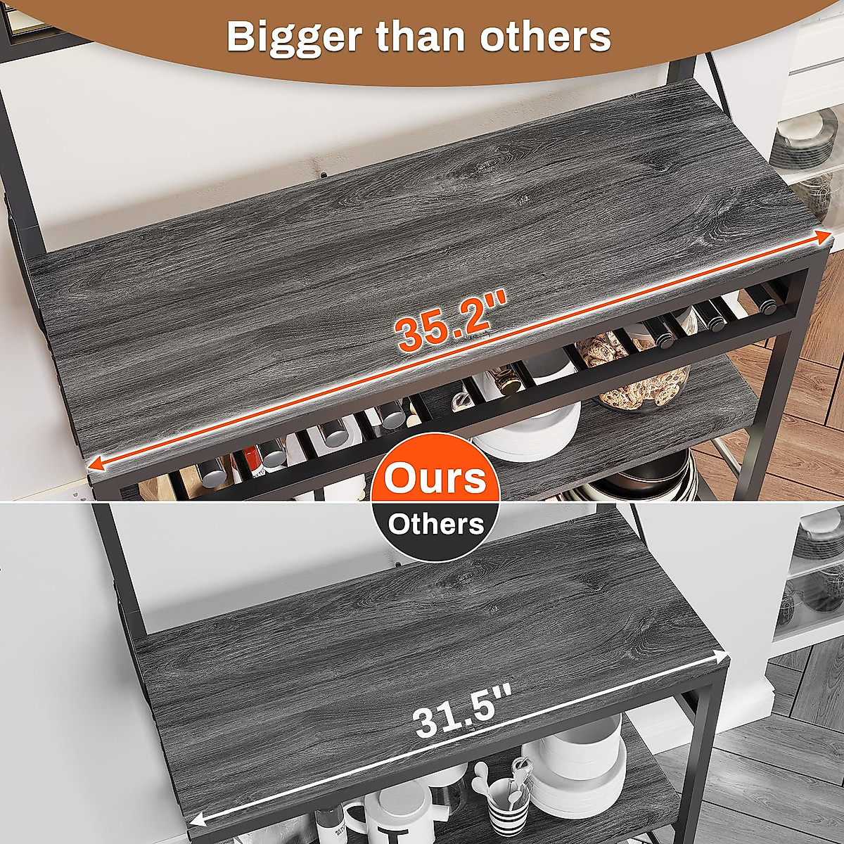 Itaar Bakers Rack with Power Outlet, 6-Tier Coffee Bar, Microwave Stand with Wine Rack, LED Lights and 10 Hooks, Bakers Racks for Kitchens with Storage, Grey