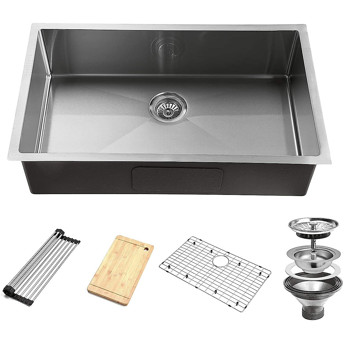 YSSOA 32-Inch Undermount Workstation Kitchen Sink, 20 Gauge Single Bowl Stainless Steel with 5 Accessories (Sink + Cutting Board+Bottom Grid + Drain+Dish drying rack), Silver