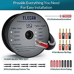 Elecan 14/2 Outdoor Speaker Wire Cable 50 Ft 14 Gauge AWG with Tool Kits-Direct Burial in Wall CL3 CL2 Rated-Pro Series 14AWG 2 Conductors-PVC Jacket& Film& Cotton-for Home Theater&Car Speakers-Black