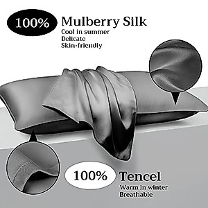 Silk Pillowcase for Hair and Skin, Lacette 22 Momme 6A Soft Mulberry Silk Pillowcase with Hidden Zipper, 600 Thread Count, Dual Side Silk/Wood Pulp Fiber, Gift Box(Grey, Standard 20"x26", 1 Pack)