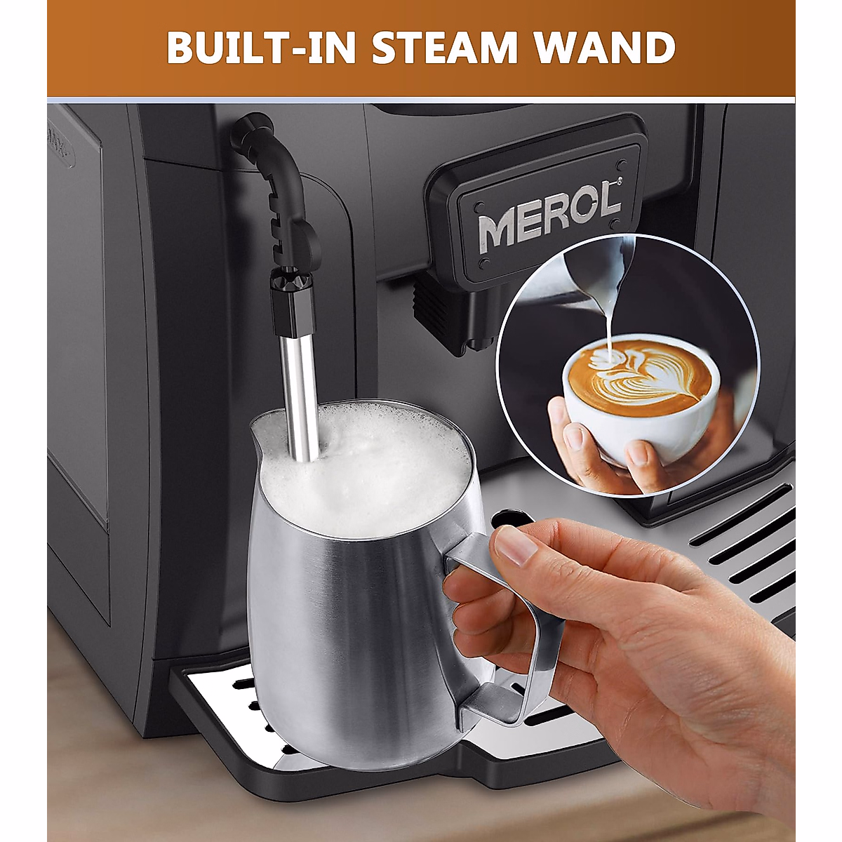 MEROL Automatic Espresso Coffee Machine, 19 Bar Barista Pump Coffee Maker with Grinder and Manual Milk Frother Steam Wand for Cappuccino Latte Macchiato, Black