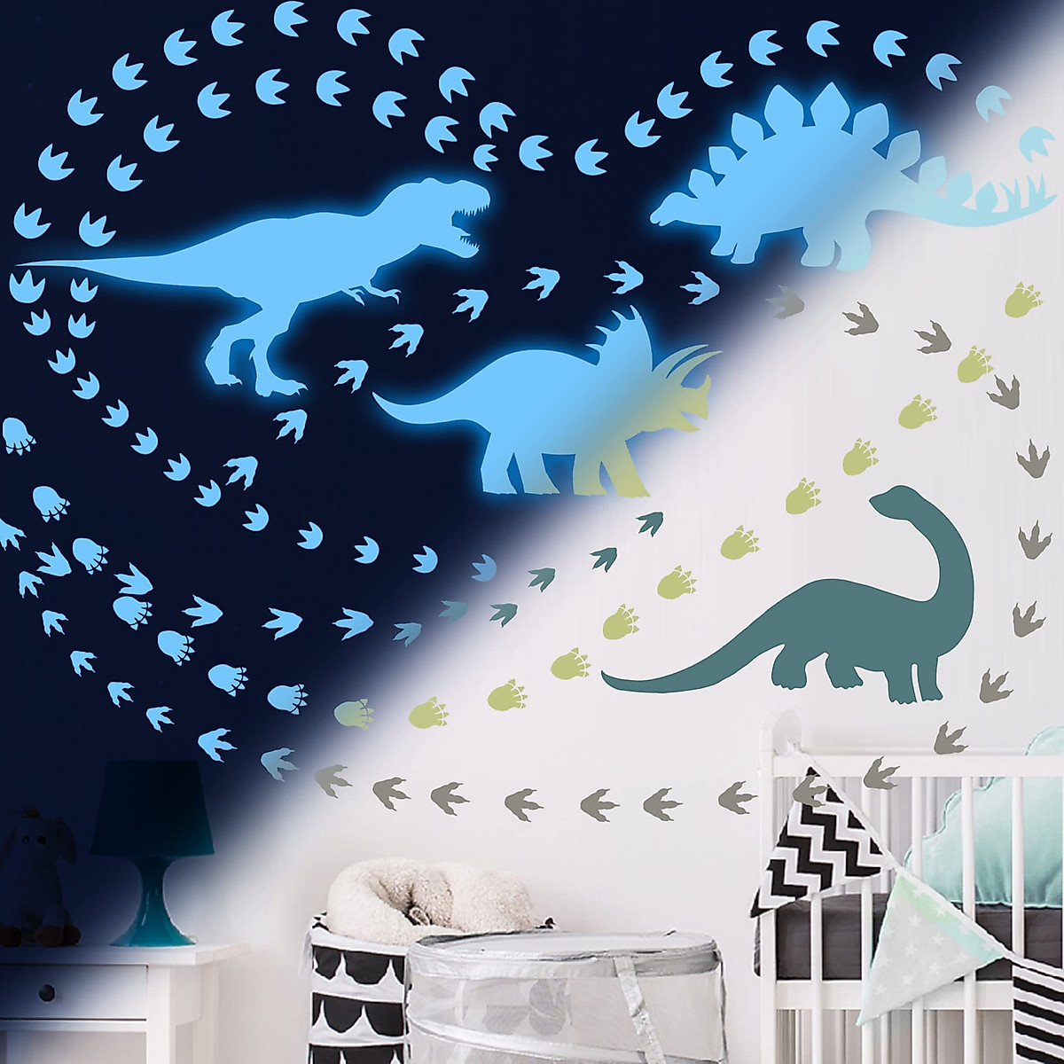 Dinosaur Wall Decals Stickers Glow in The Dark Dino Wall Decal Large Removable Vinyl Dinosaur Feet Wall Sticker for Boys Girls Kids Bedroom Playroom Nursery Wall Decor (Blue)