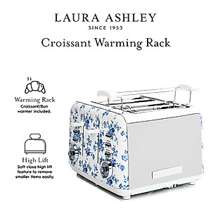 VQ Laura Ashley China Rose Stainless Steel 4 Slice Toaster | Bagels & Bread Toasters 4 Slices Wide Slot with Adjustable Heating & Defrost Mode | Grille Pain 4 tranches with Croissant Warming Rack
