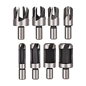 dophee 8Pcs Wood Plug Cutter Drill Bit Set, Straight and Tapered Taper 1/4" 3/8" 1/2" 5/8" Cutting Tool Cork Drill Bit Knife for Woodworking