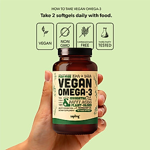 Vegan Omega 3 Supplement - Plant Based DHA & EPA Fatty Acids - Carrageenan Free, Alternative to Fish Oil, Supports Heart, Brain, Joint Health - Sustainably Sourced Algae, Fish Oil Free - 180 Softgels