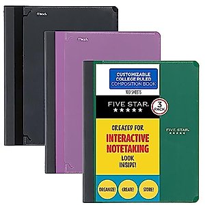 Five Star Interactive Notetaking Composition Books, 3 Pack, 1-Subject, College Ruled Paper, 11" x 8-1/2", 100 Sheets, Black, Amethyst Purple and Forest Green (38611)