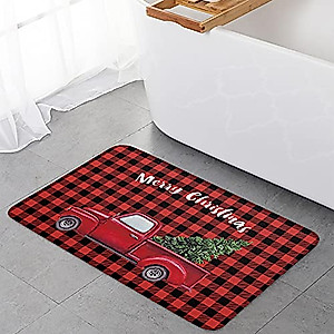 Christmas Bath Rugs Christmas Red Truck Sponge Doormat Absorbent Non Slip Durable Soft Flannel Mat Christmas Tree Red Buffalo Check Plaid Christmas Memory Foam Mats for Bathroom Kitchen 18 x 30 inches