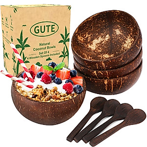 Gute 2 Pack Coconut Bowls with Spoons, Wooden Salad Bowl Sets With Serving Utensils, 100% Natural Reusable Coconut Shell Bowls for Buddha Popcorn, Serving Dishes, Breakfast, Decoration, Party