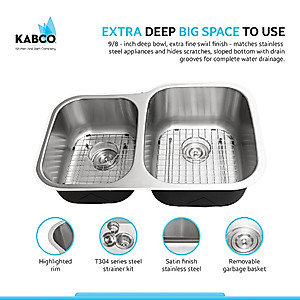 KABCO 32 Inch Double Bowl Stainless Steel Classic Kitchen Sink with Sink Strainers, Removable Garbage Baskets and Sink Grids Sound and Heat Proof 18 Gauge Undermount 40/60 Bowl Swirl Finish Sink