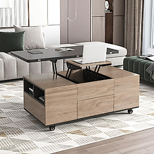 Merax Lift Top Coffee Table,with Fixable Wheels Open Storage Extendable Desktop Drawers