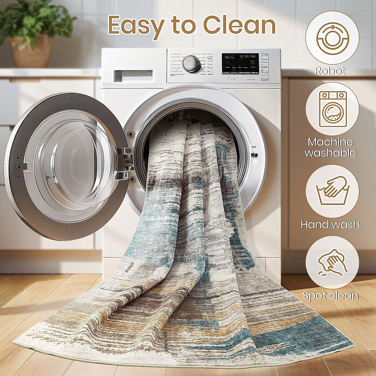 8x10 Rugs for Living Room: Large Modern Washable Super Soft Abstract Area Rug Neutral Contemporary Low Pile Carpet for Bedroom Dining Room Nursery Home Office Decor - Blue/Grey/Gold