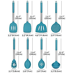 Silicone Cooking Utensil Set, 8Pcs Non-stick Cookware with Stainless Steel Handle, BPA Free Heat Resistant Kitchen Tools with Spatulas, Turners, Spoons, Skimmer and Pasta Fork