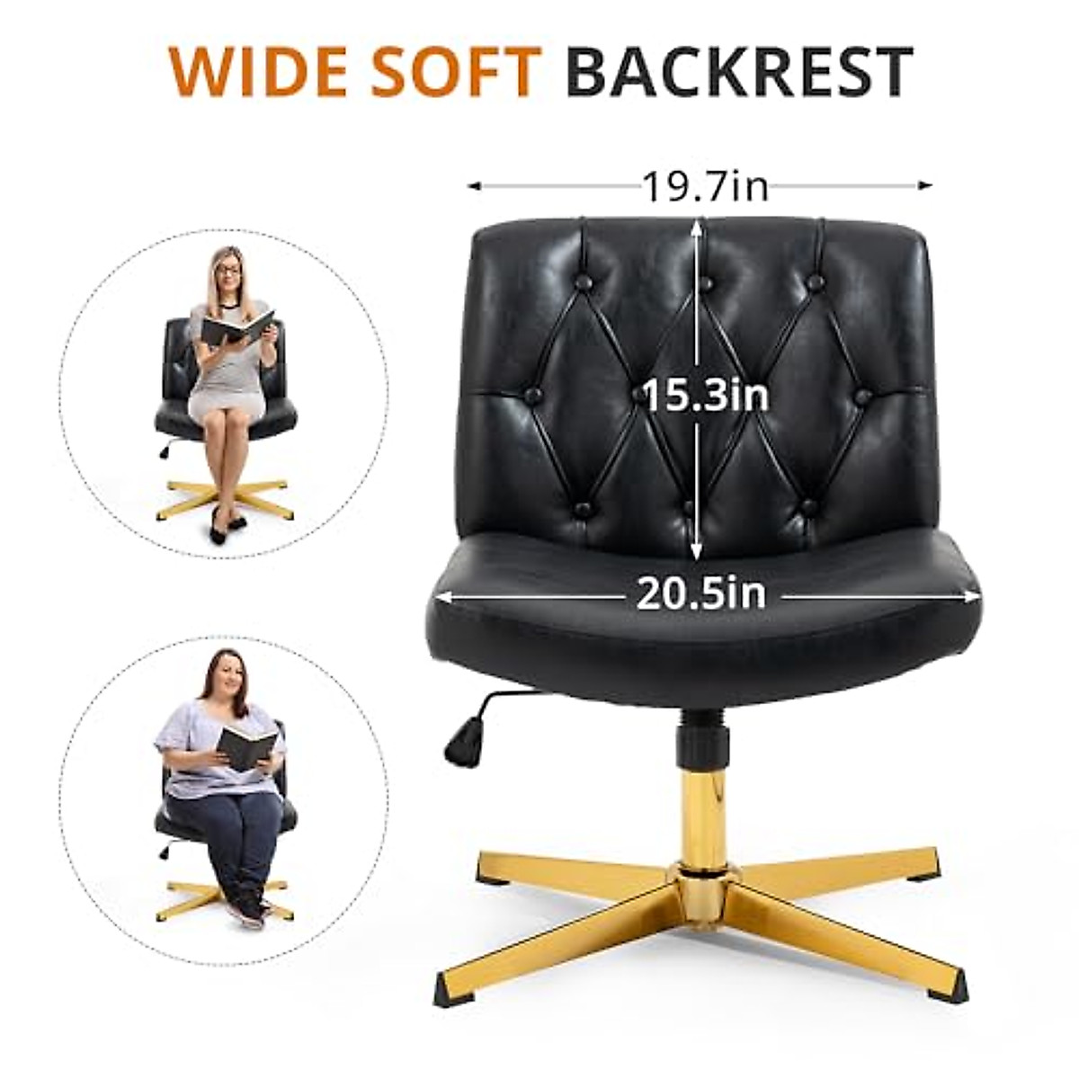 TURRIDU Home Office Armless Swivel Chair, Criss Cross Golden Legs No Wheels PU Leather Wide Seat Mid Back Aesthetic Chair for Living Room Bedroom Vanity Makeup Reading Computer Desk Task, Black