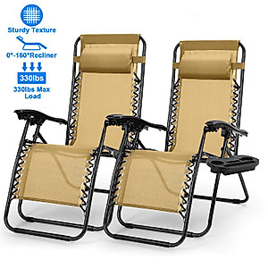 iMounTEK Set of 2 Adjustable Zero-Gravity Reclining Outdoor Lounge Chairs w/Pillows & Cup Holder Side Tray, Supports 330lbs, for Patio, Porch, Deck, Poolside, Beach, Lawn, Yard - Black/Blue/Brown/Tan