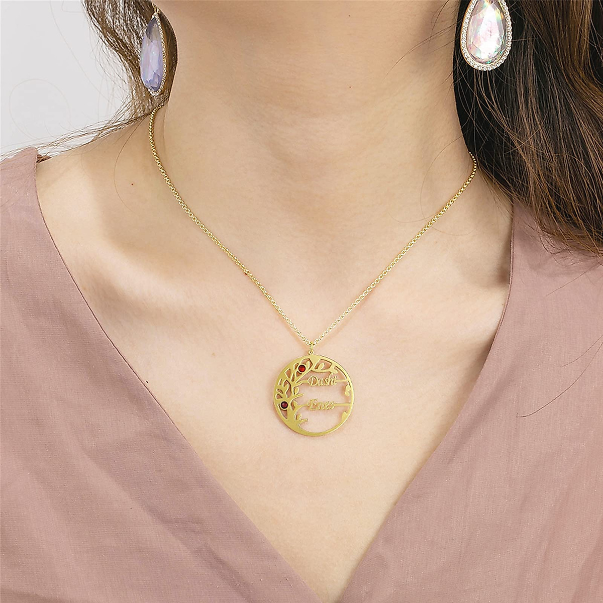 MRENITE 10k 14k 18k Solid Yellow Gold Personalized Name Family Tree Necklace with Birthstone –Dainty Nameplate Tree of Life Birthstone Pendant- Custom Any Name Gift for Womens Adults Mens (2 names)