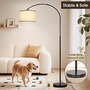 Dimmable Floor Lamp, Arc Floor Lamp with Dimmer, Black Standing Lamp with Adjustable Hanging Shade, Over Couch Tall Reading Light, Modern Pole Lamp for Living Room Bedroom, 8W LED Bulb Included
