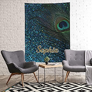 Peacock Feather Printing Personalized Blanket with Name Super Soft Fleece Throw Blankets for Bed Couch Birthday Wedding Gift 60 x 80 inch