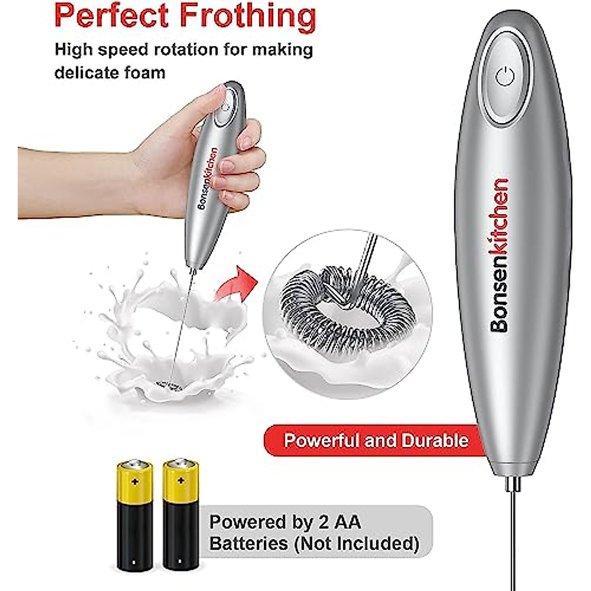 Bonsenkitchen Milk Frother Handheld, Automatic Milk Foam Maker Hand Frother for Coffee, Matcha, Hot Chocolate, Battery Operated Mini Drink Mixer-Silver