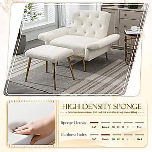 KINFFICT Velvet Accent Sofa Chair with Ottoman, Upholstered Comfy Lounge Armchair with Adjustable Armrests and Backrest, Living Room Single Recliner with Tufted Button Back, Cream White Teddy